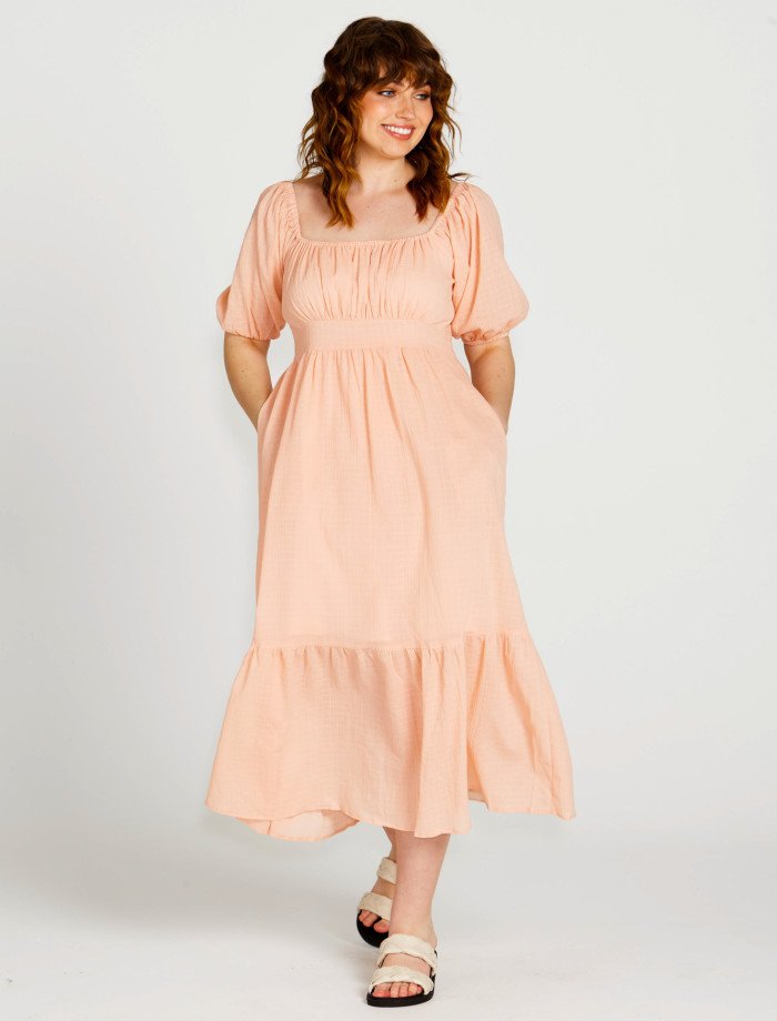 Violet Puff Sleeve Shirred Cotton Midi Dress - Muted Peach– Oh So Pretty NZ