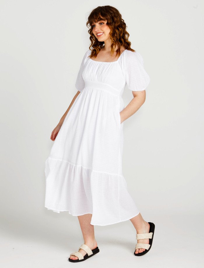 Violet Puff Sleeve Shirred Cotton Midi Dress - White– Oh So Pretty NZ
